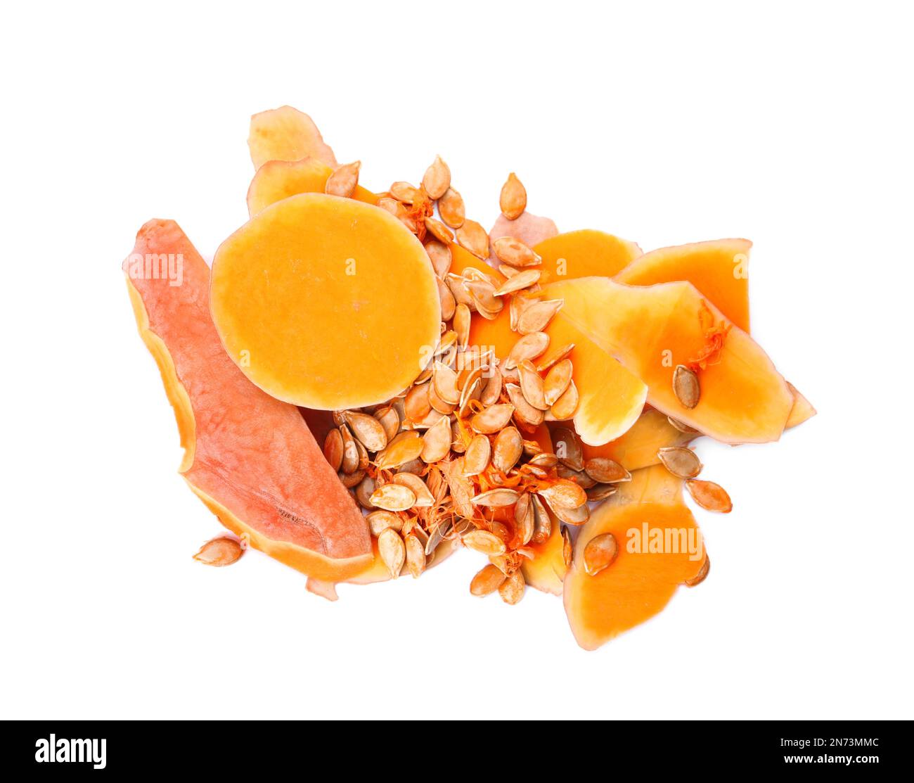 Pumpkin peel and seeds on white background, top view. Composting of ...
