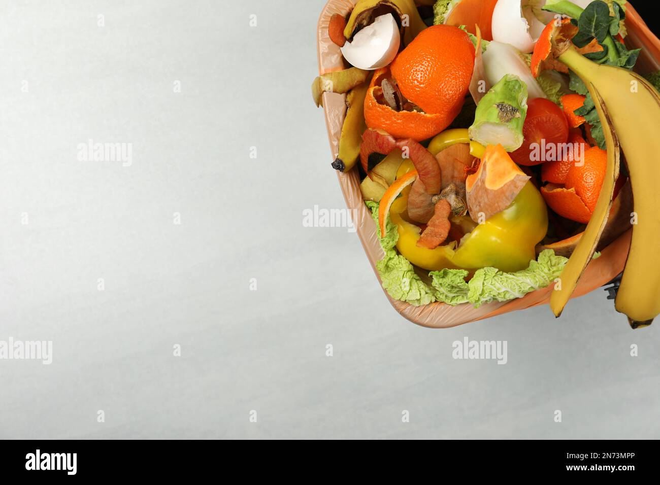 Natural garbage in trash bin on light background, top view with space ...