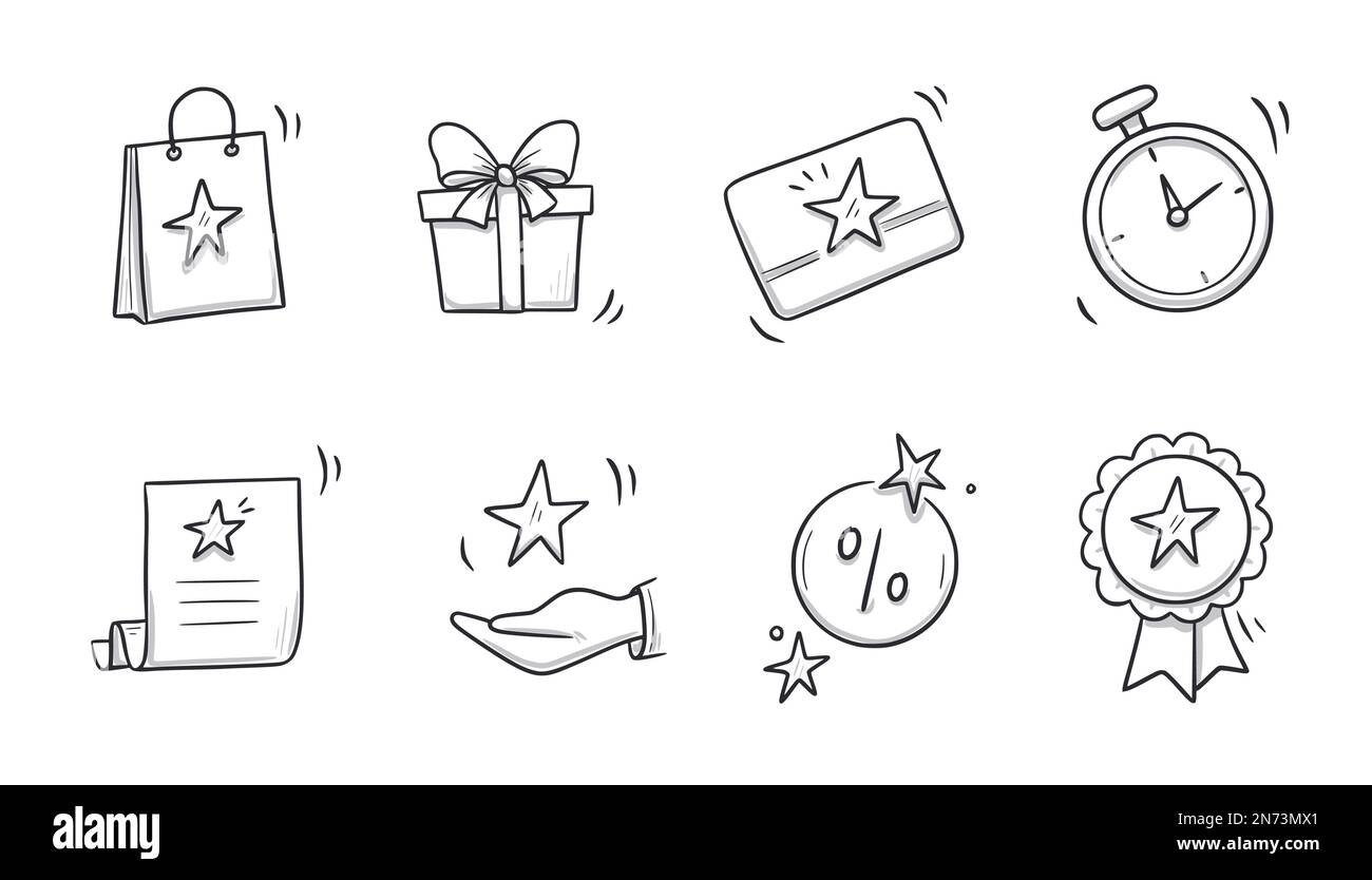 Doodle gift, discount coupon icon set. Hand drawn sketch style bonus ...