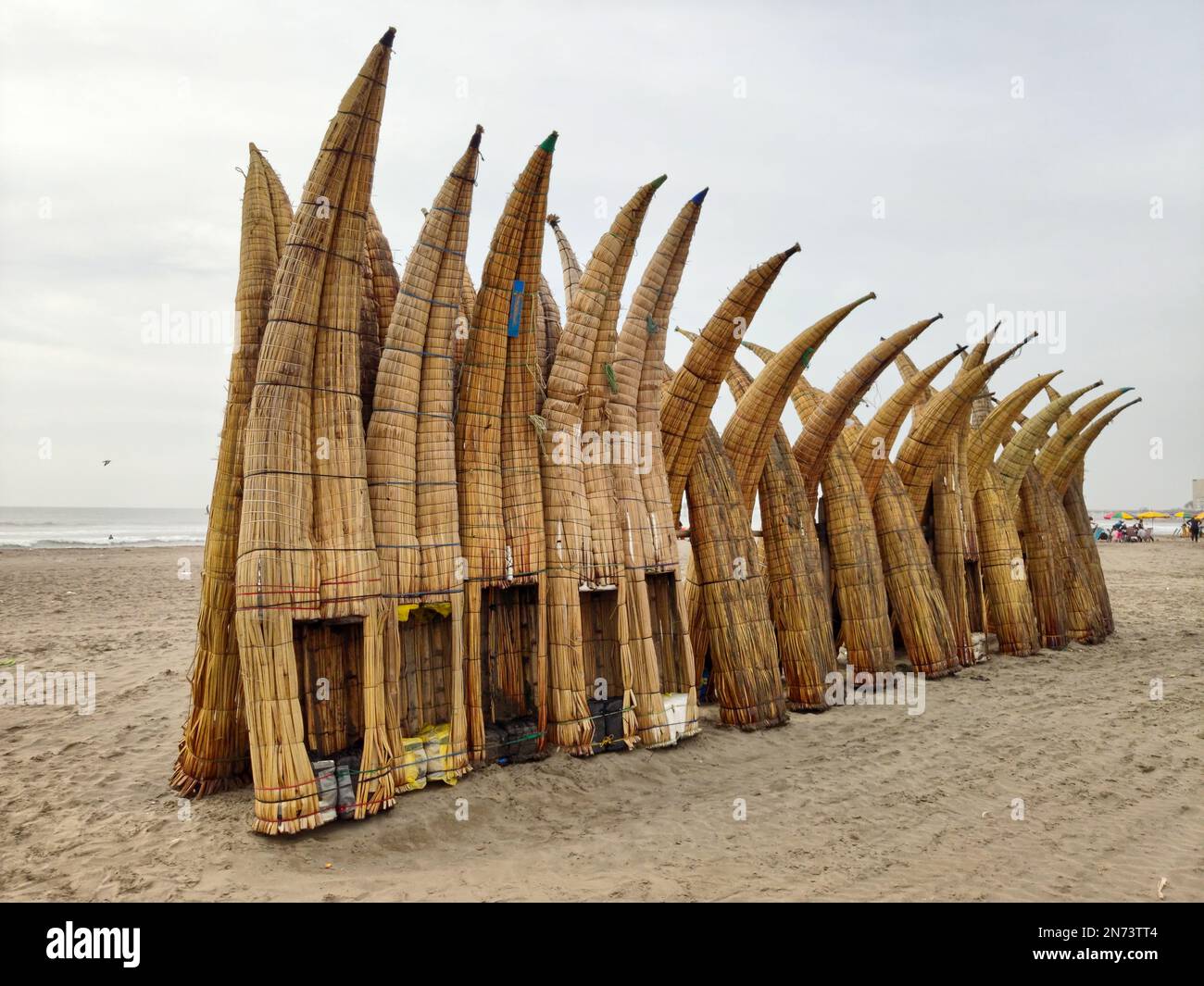 The traditional reed boats in Pimentel beach, Peru Stock Photo - Alamy