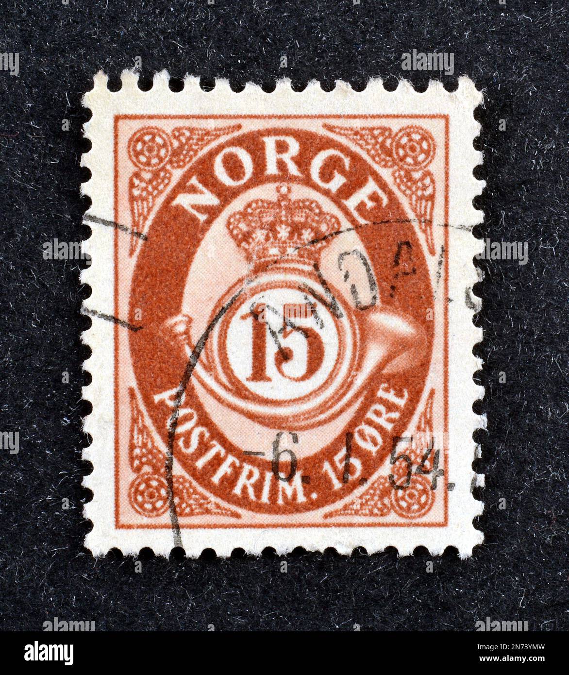 Cancelled postage stamp printed by Norway, that shows Postal horn ...