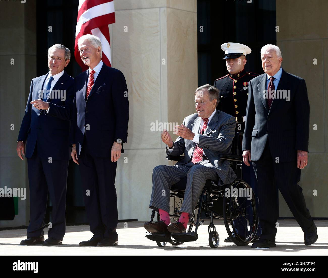 FILE - In this April 25, 2013, file photo, former presidents, from left ...