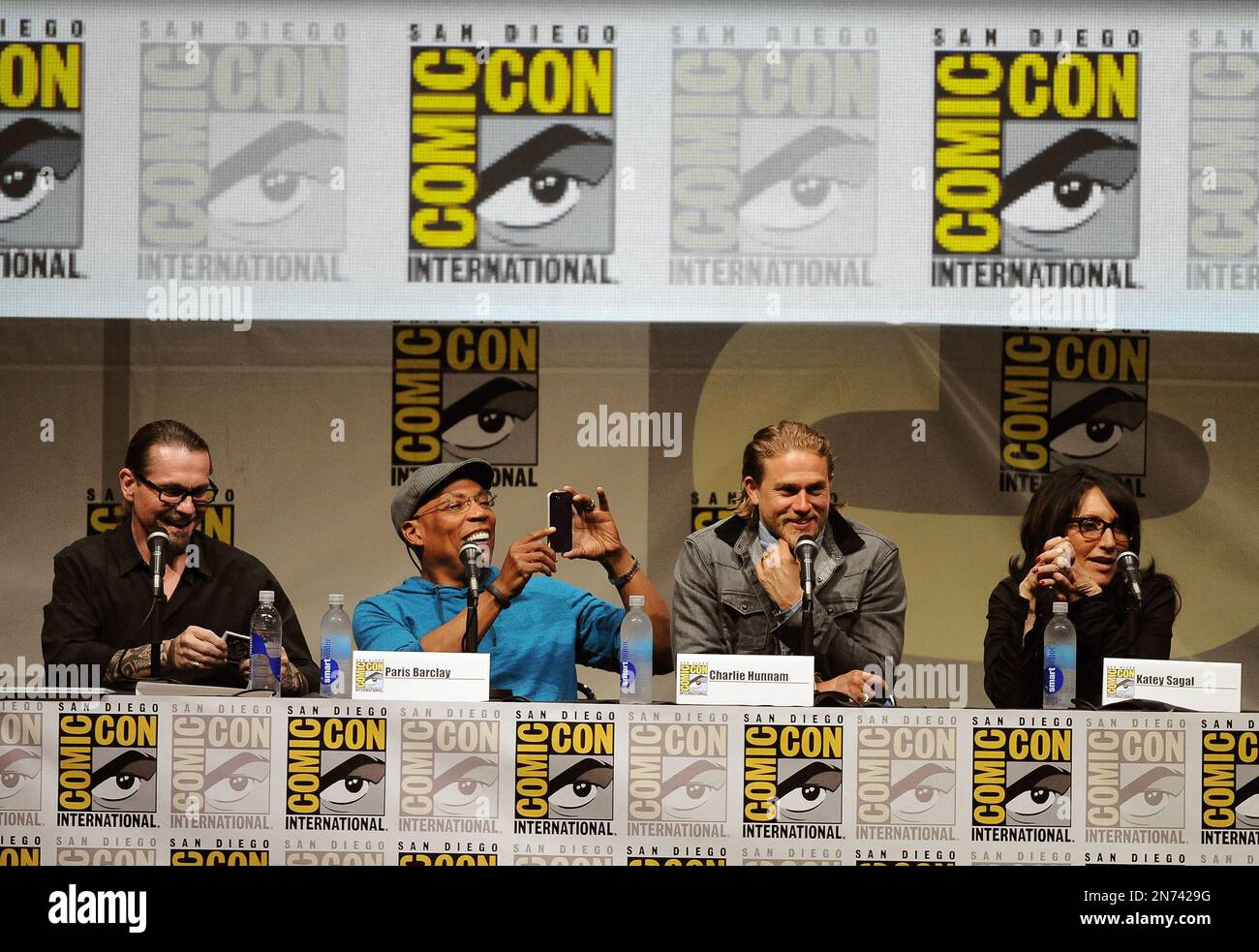 From top left, creator Kurt Sutter, director/producer Paris Barclay, actors Charlie Hunnam and ...