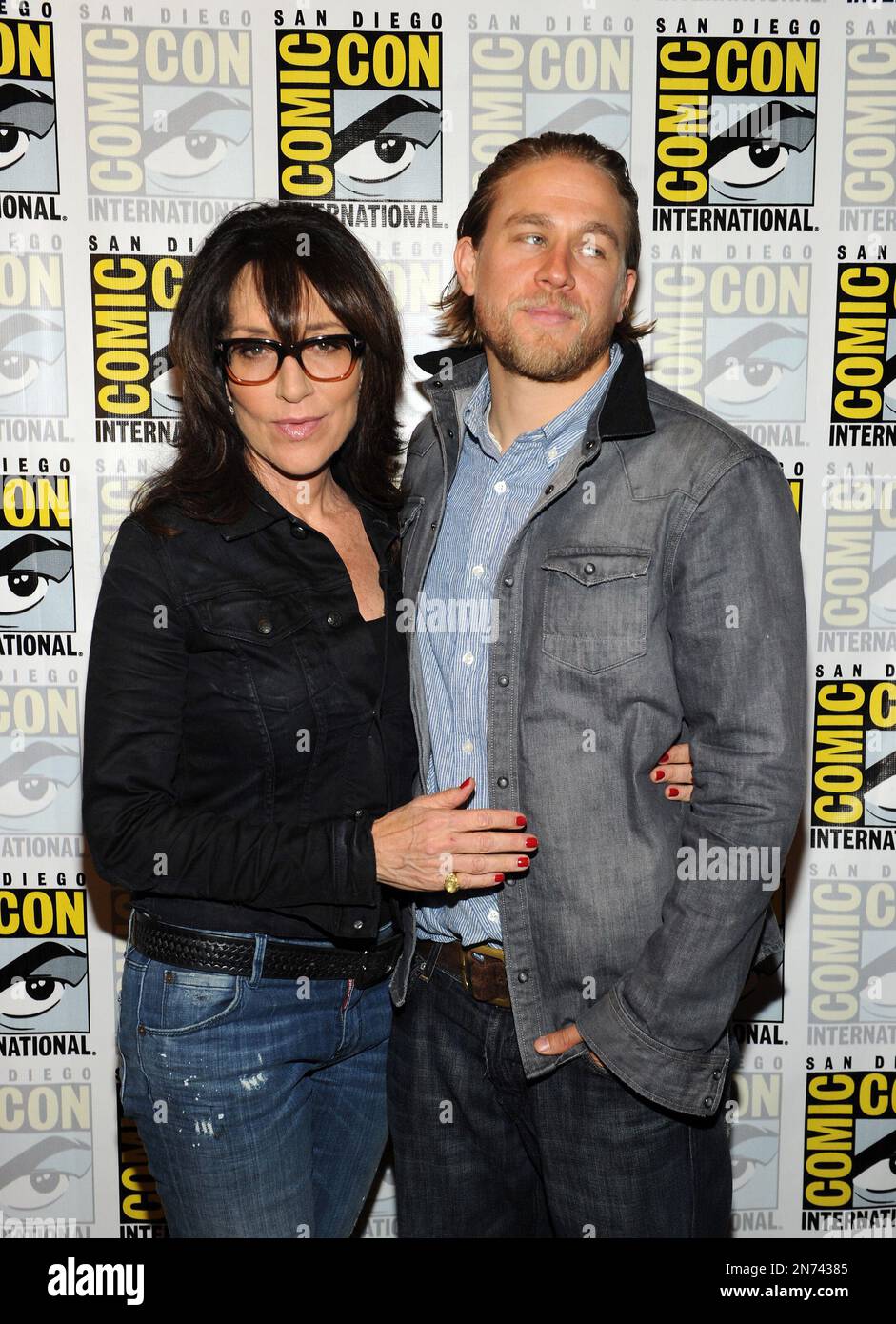 From left, actors Katey Sagal and Charlie Hunnam attend the FX "Sons of Anarchy" press room on ...