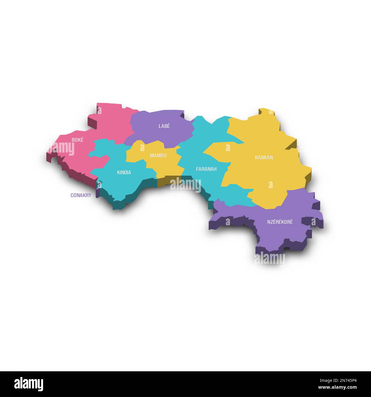 Guinea political map of administrative divisions - regions. Colorful 3D ...