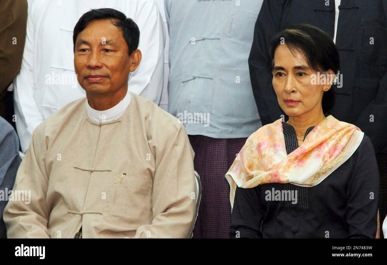 Myanmar Lower House Speaker Thura Shwe Mann, left, Myanmar Opposition ...