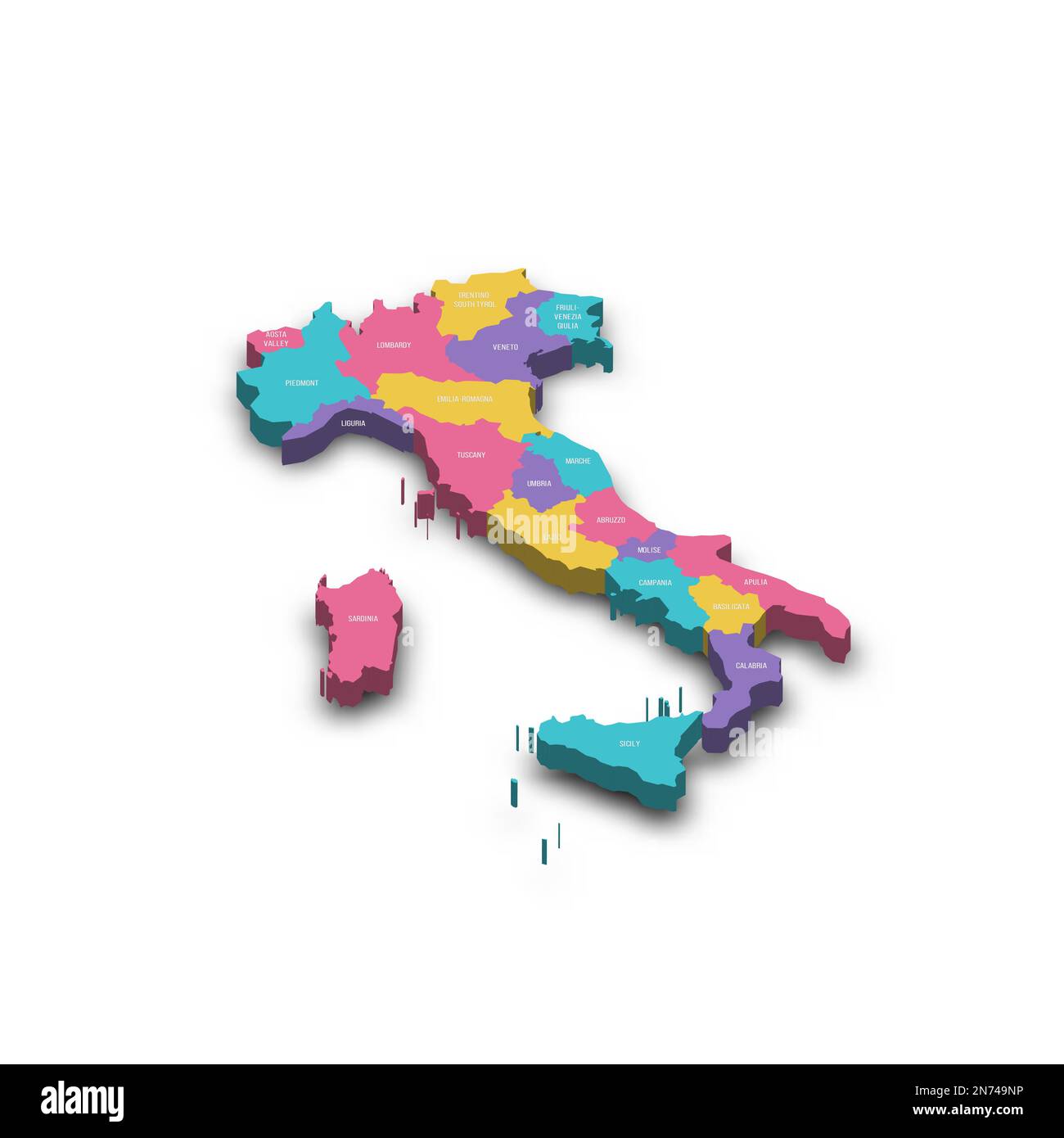 Italy political map of administrative divisions - regions. Colorful 3D ...