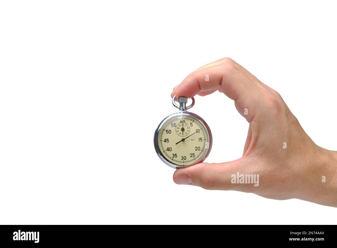 Stopwatch in hand white background Stock Photo - Alamy