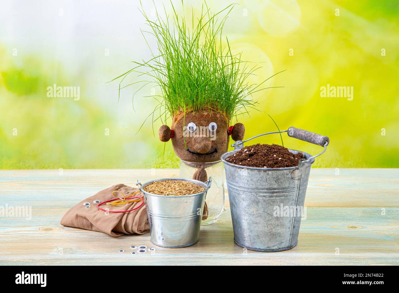 Making of cute homemade grass head toy with various supply tools. Grass ...