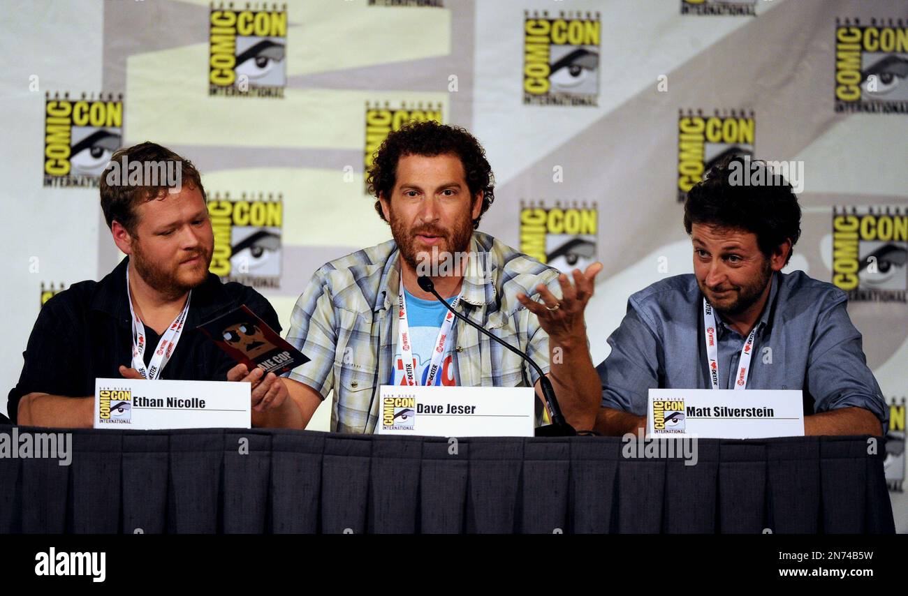 From left, Ethan Nicolle, Dave Jeser and Matt Silverstein attend the FOX "Animation Domination ...