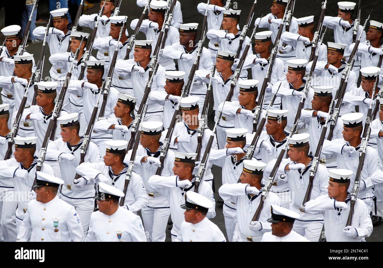 Members of the navy parade during a military parade marking Colombia's ...