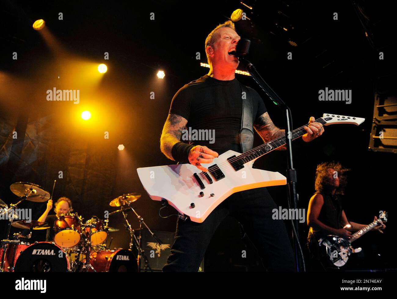 Lars Ulrich, from left, James Hetfield and Kirk Hammett of Metallica ...