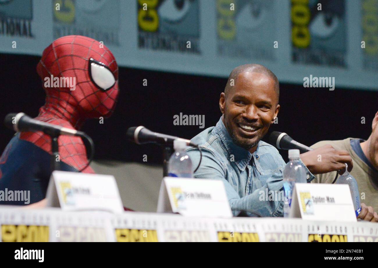 Spider-Man, left, and Jamie Foxx attend the "The Amazing Spider-Man 2 ...