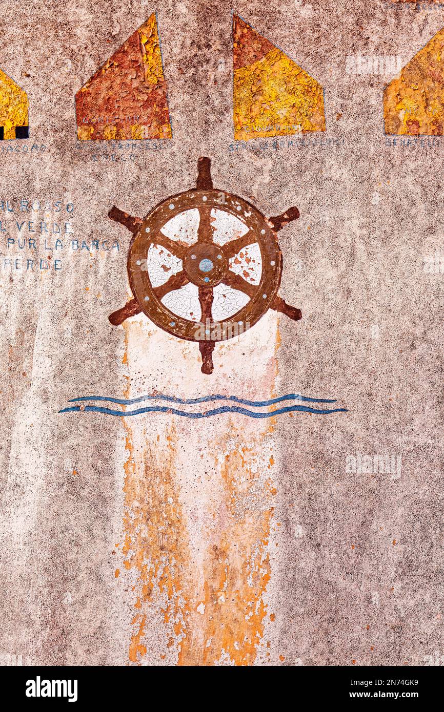 Maritime wall mural with steering wheel and geometric pattern Stock ...