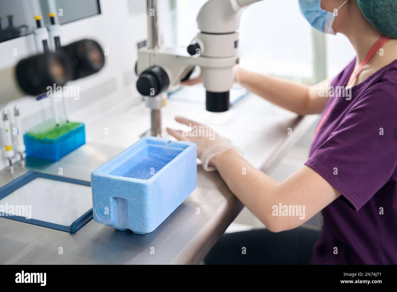 Female geneticist prepares a biomaterial for vitrification Stock Photo ...