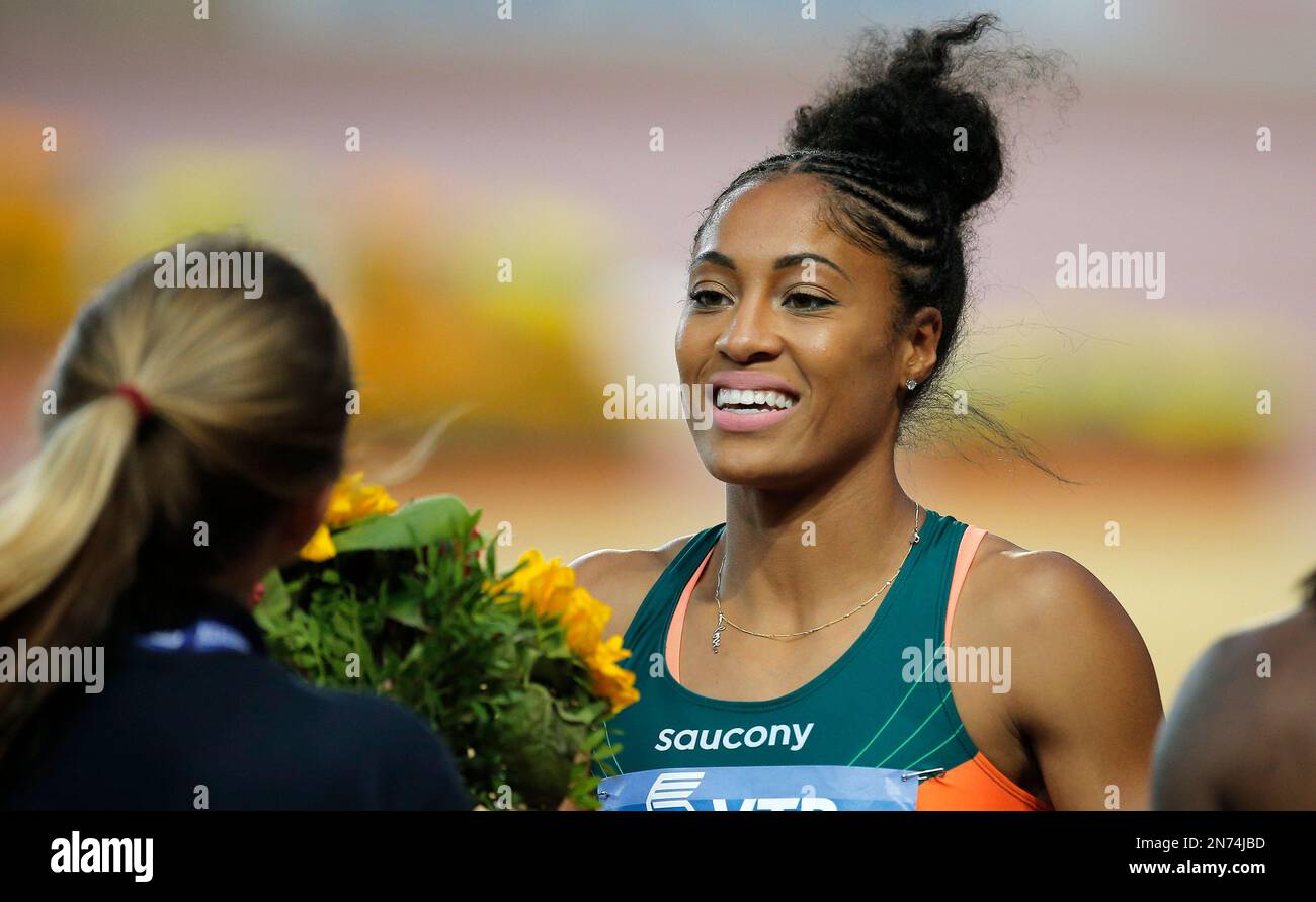 Kimberlyn Duncan of USA smiles after winning the 200m women race at the ...