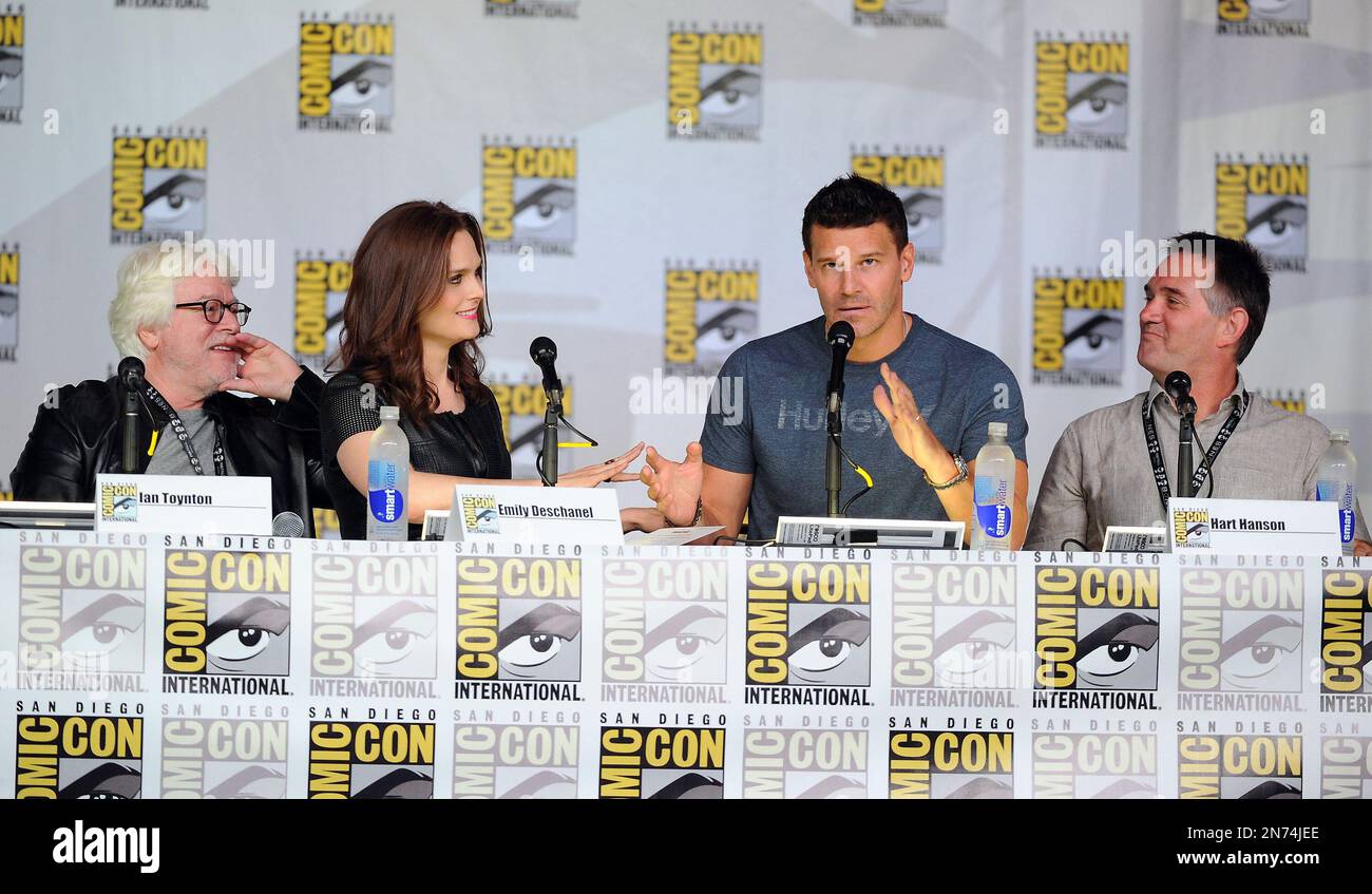 From left, executive producer Ian Toynton, actors Emily Deschanel ...