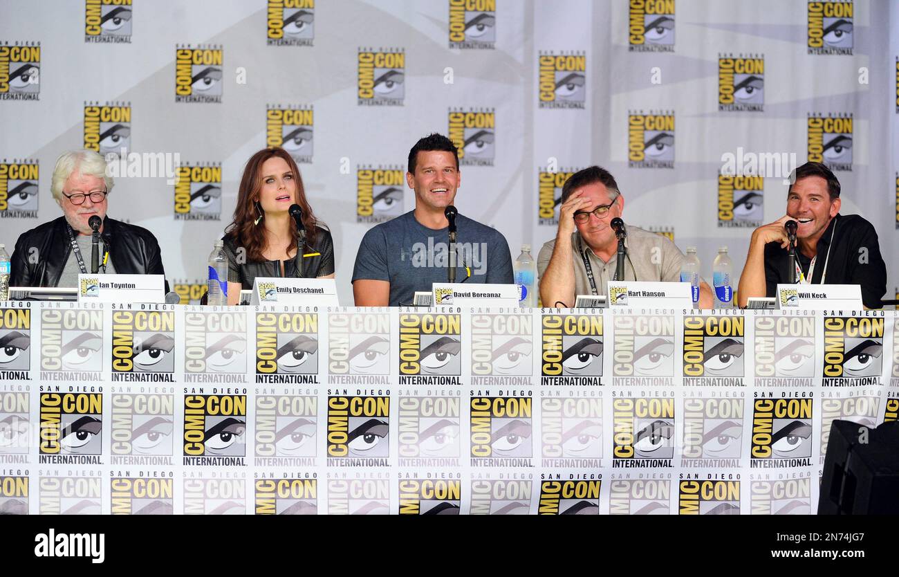 From left, executive producer Ian Toynton, actors Emily Deschanel ...
