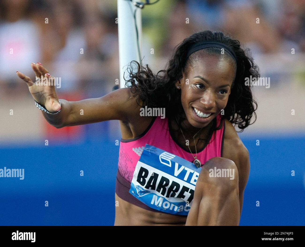Brigetta Barrett of USA reacts during the Women's High Jump at the ...