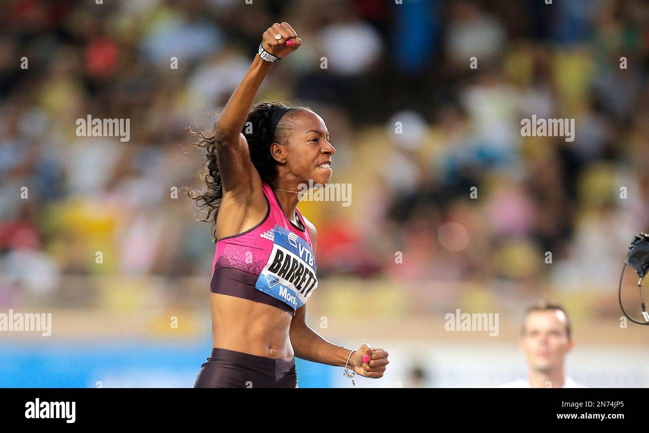 Brigetta Barrett of USA reacts after clearing a bar and winning the ...