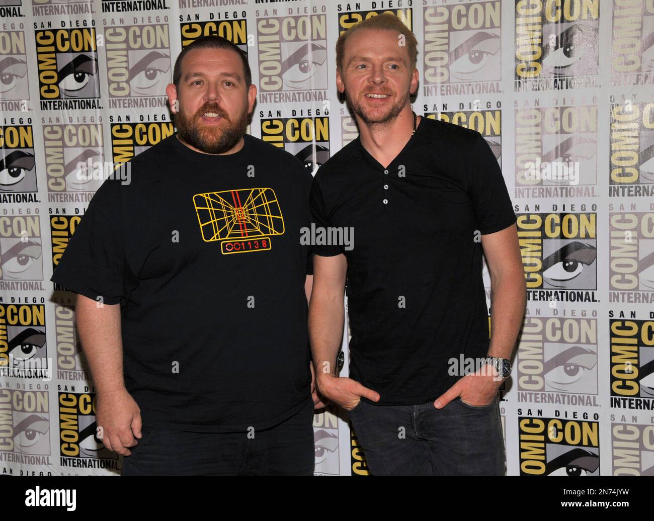 Nick Frost, left, and Simon Pegg attend "The World's End" press line on ...