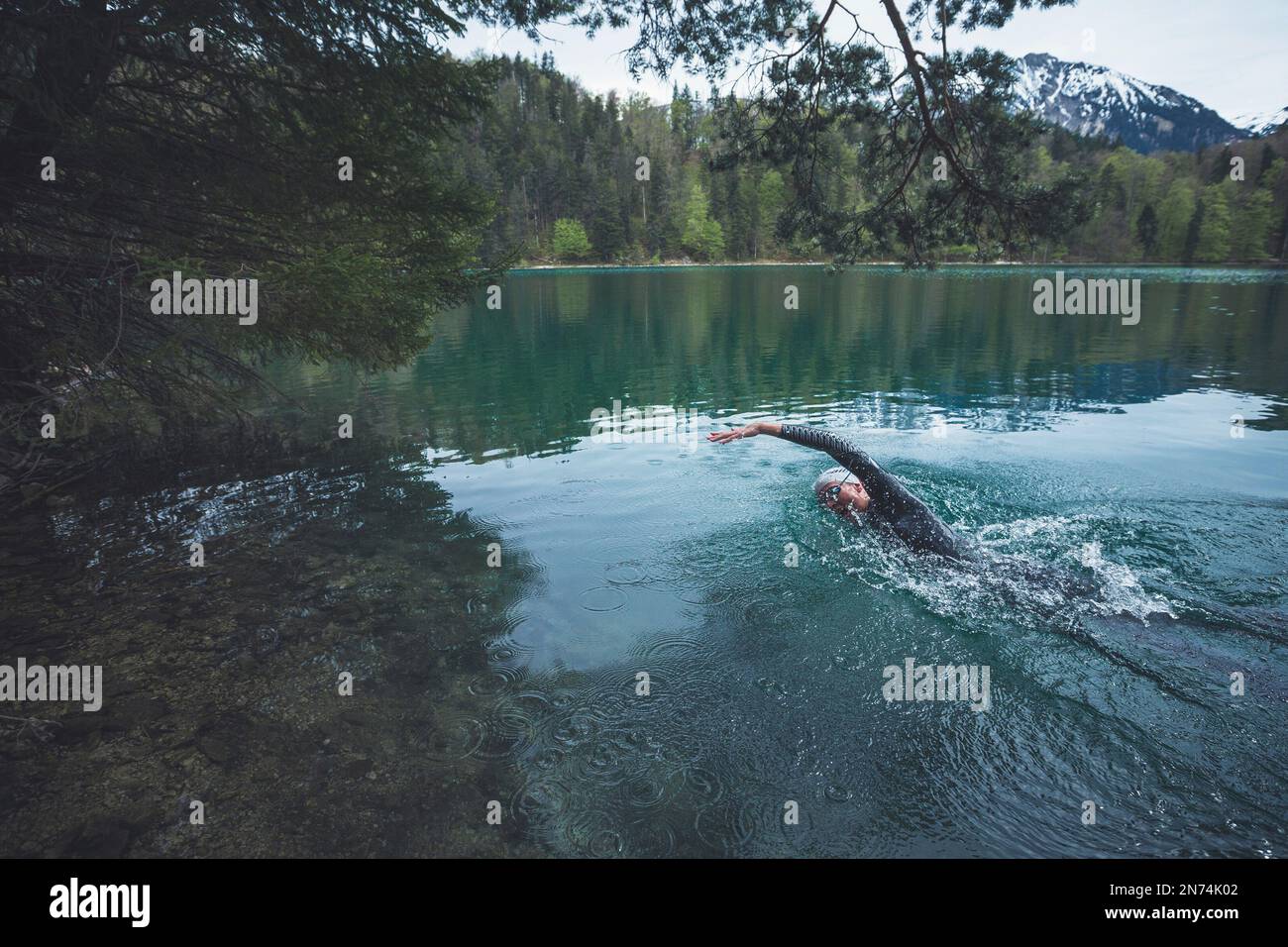 Professional triathlete swimming, training in a clear mountain lake in ...