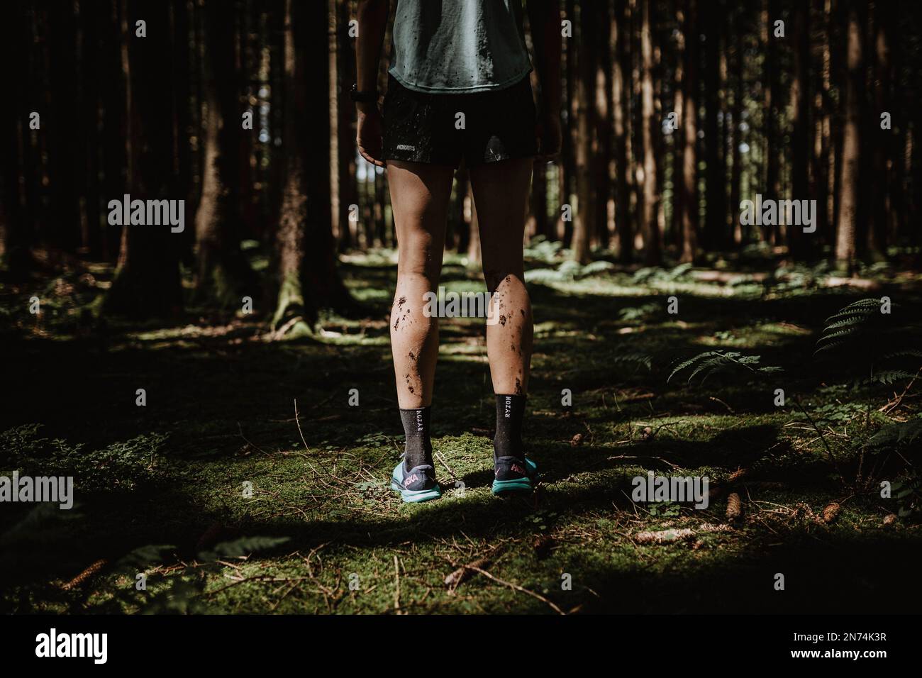 Professional triathlete on a trail running training lap in the forest ...