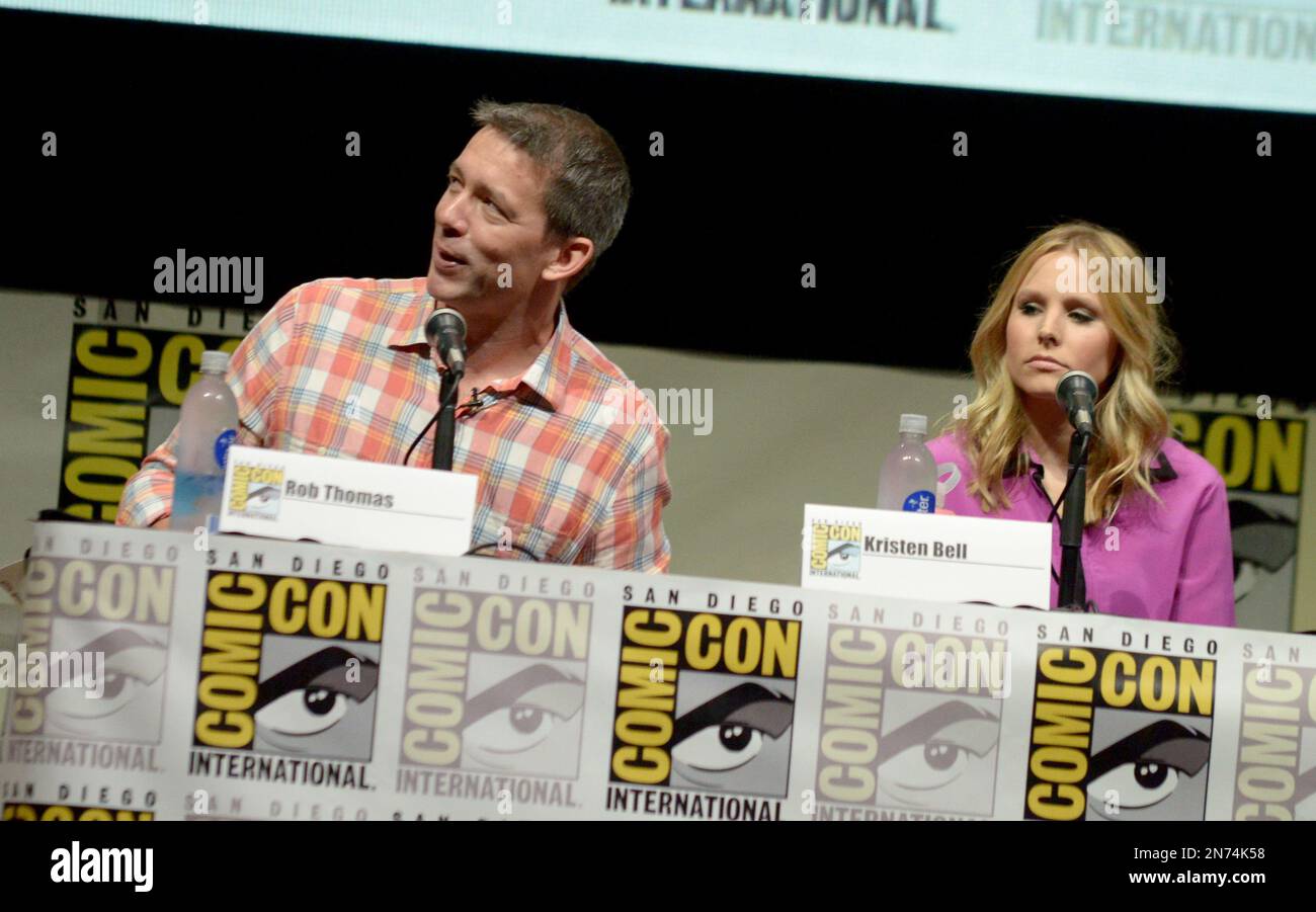 Writer Rob Thomas, left, and Kristen Bell participate in the "Veronica Mars" panel on Day 3 of ...