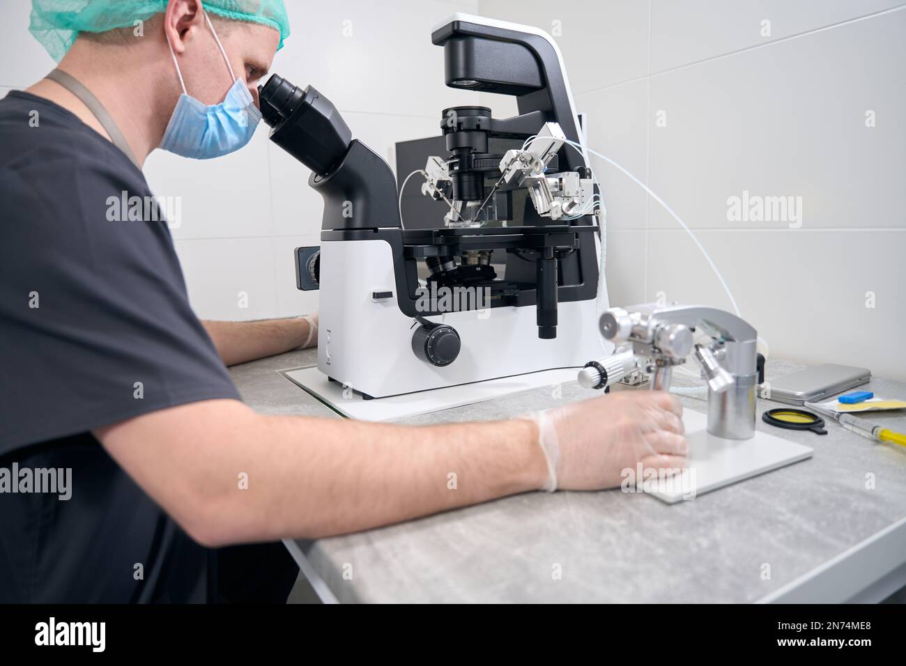 Embryologist behind the procedure of fertilization of the egg Stock ...