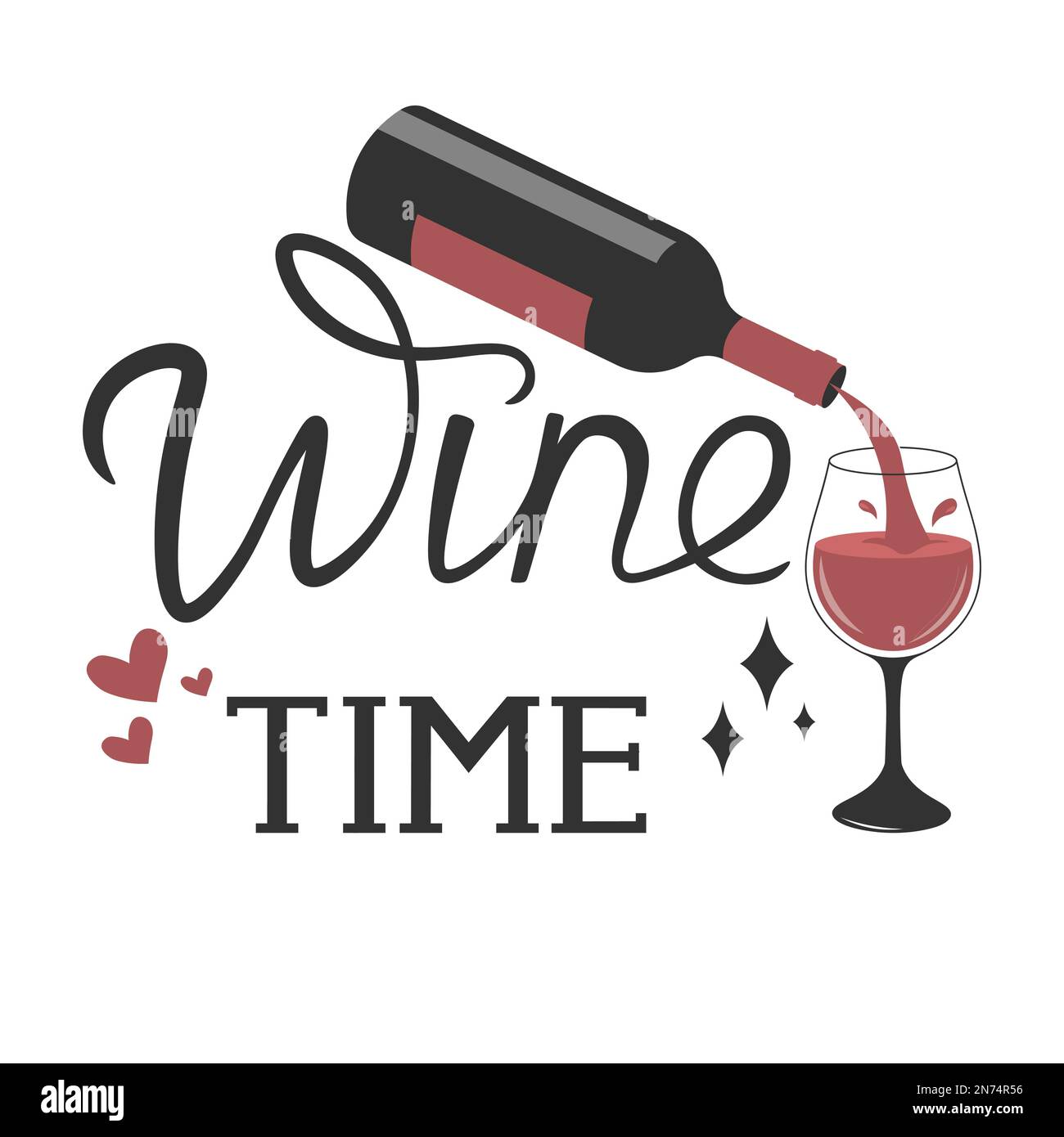 Lettering Wine Time With Bottle And Glass For Print, Postcards Vector ...