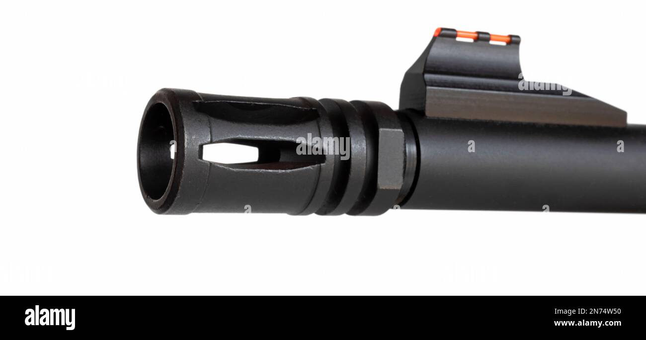 Red fiber optic sight on a rifle barrel with a flash hider Stock Photo ...
