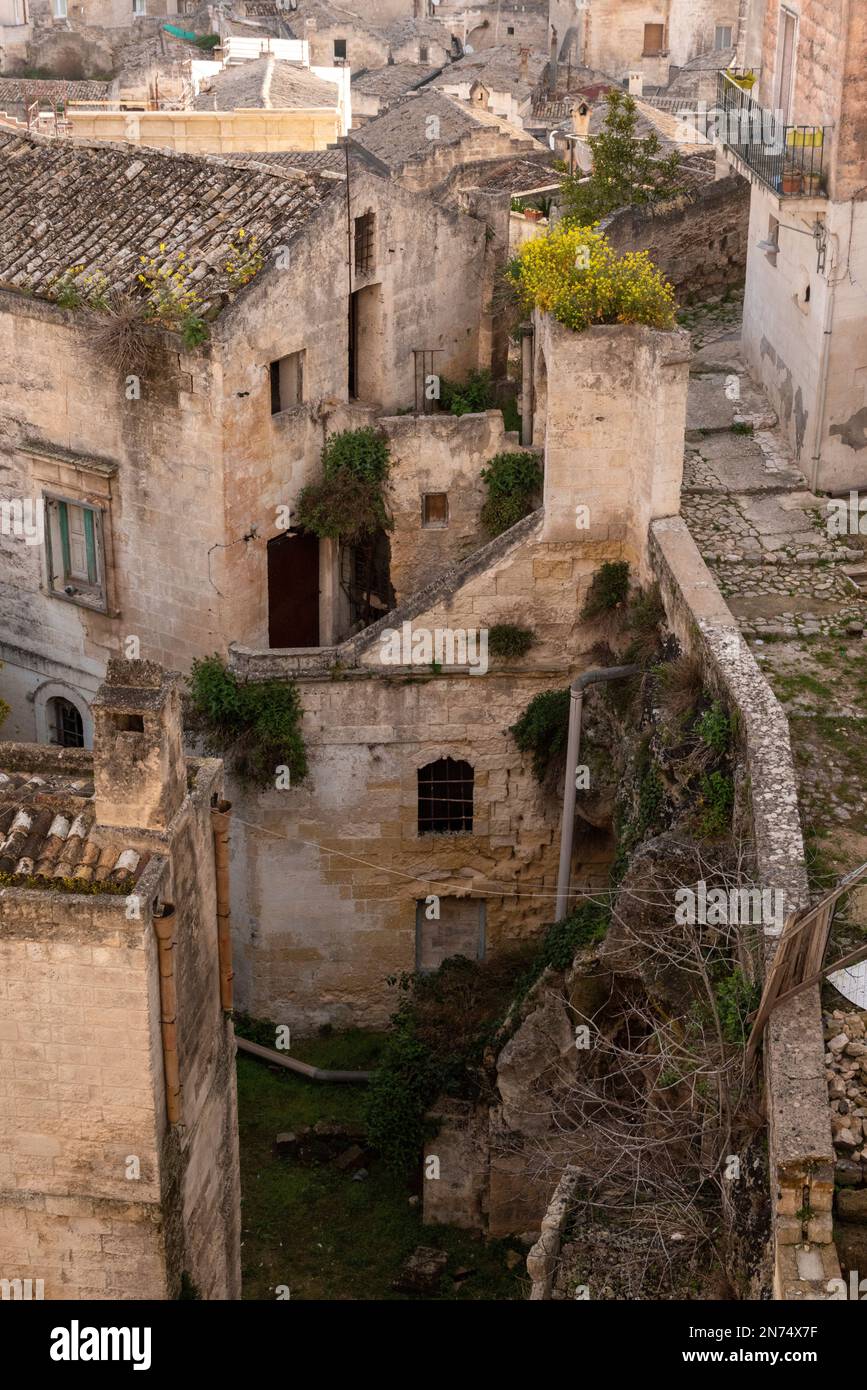 Abandoned ruins of residential cave houses in downtown Matera, Southern ...