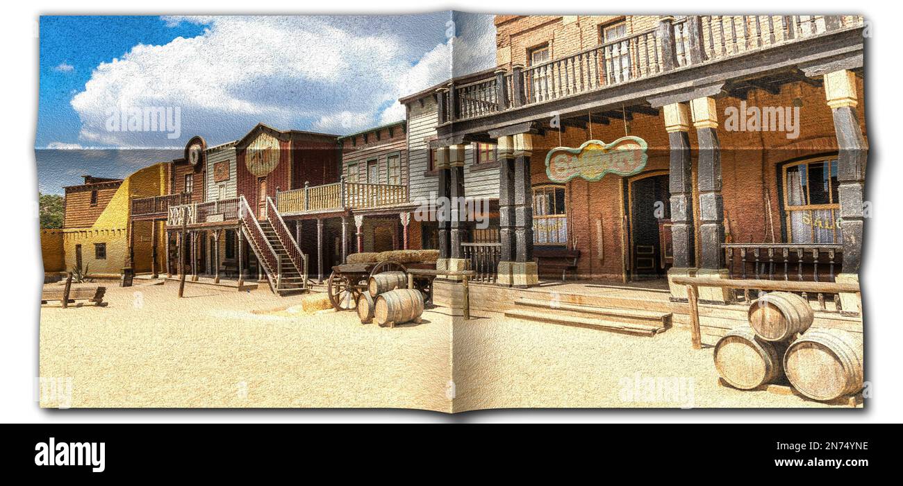 Creative picture of Wild West village with old buildings and saloon ...