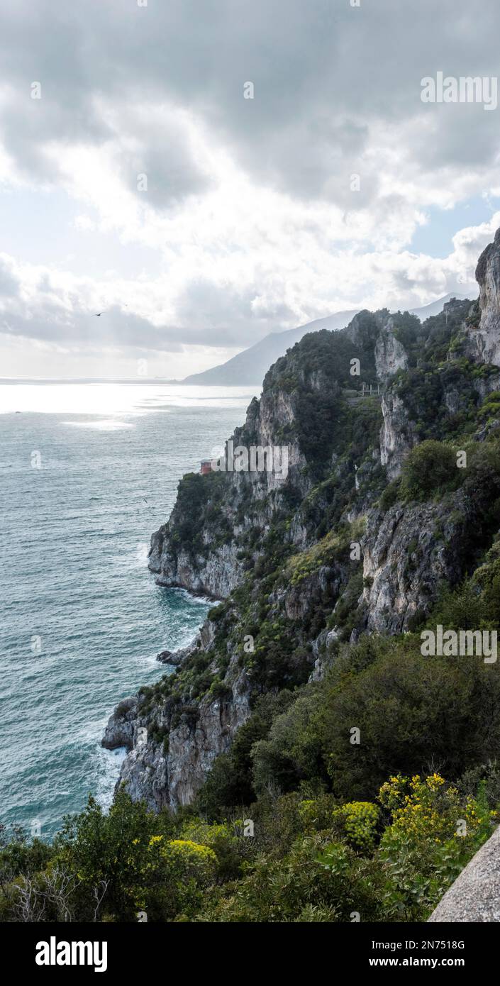 Scenic maritime landscape with cliffs at the famous Amalfi Coast ...