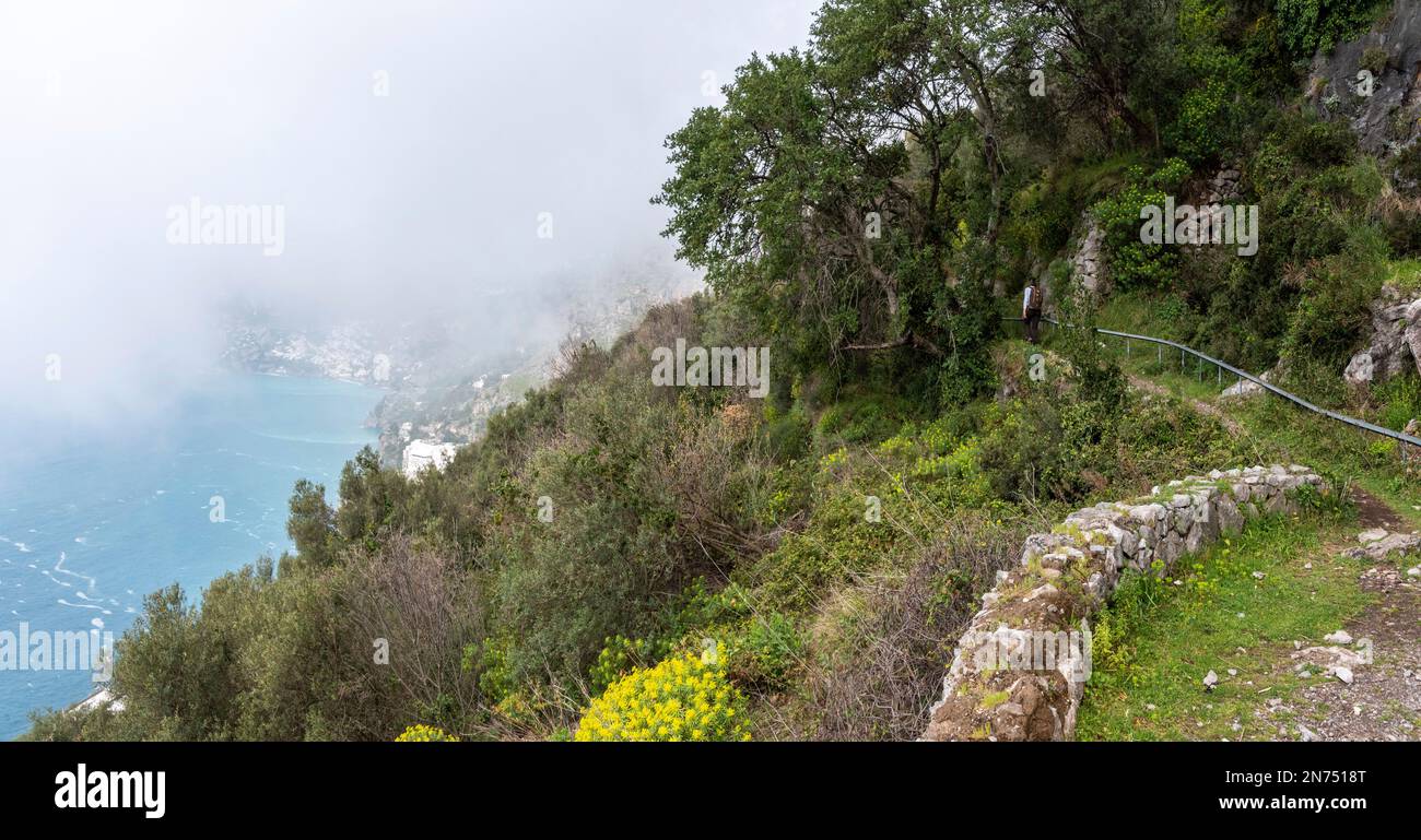 Shoreline of the scenic Amalfi coast from the path of the Gods, Italy ...