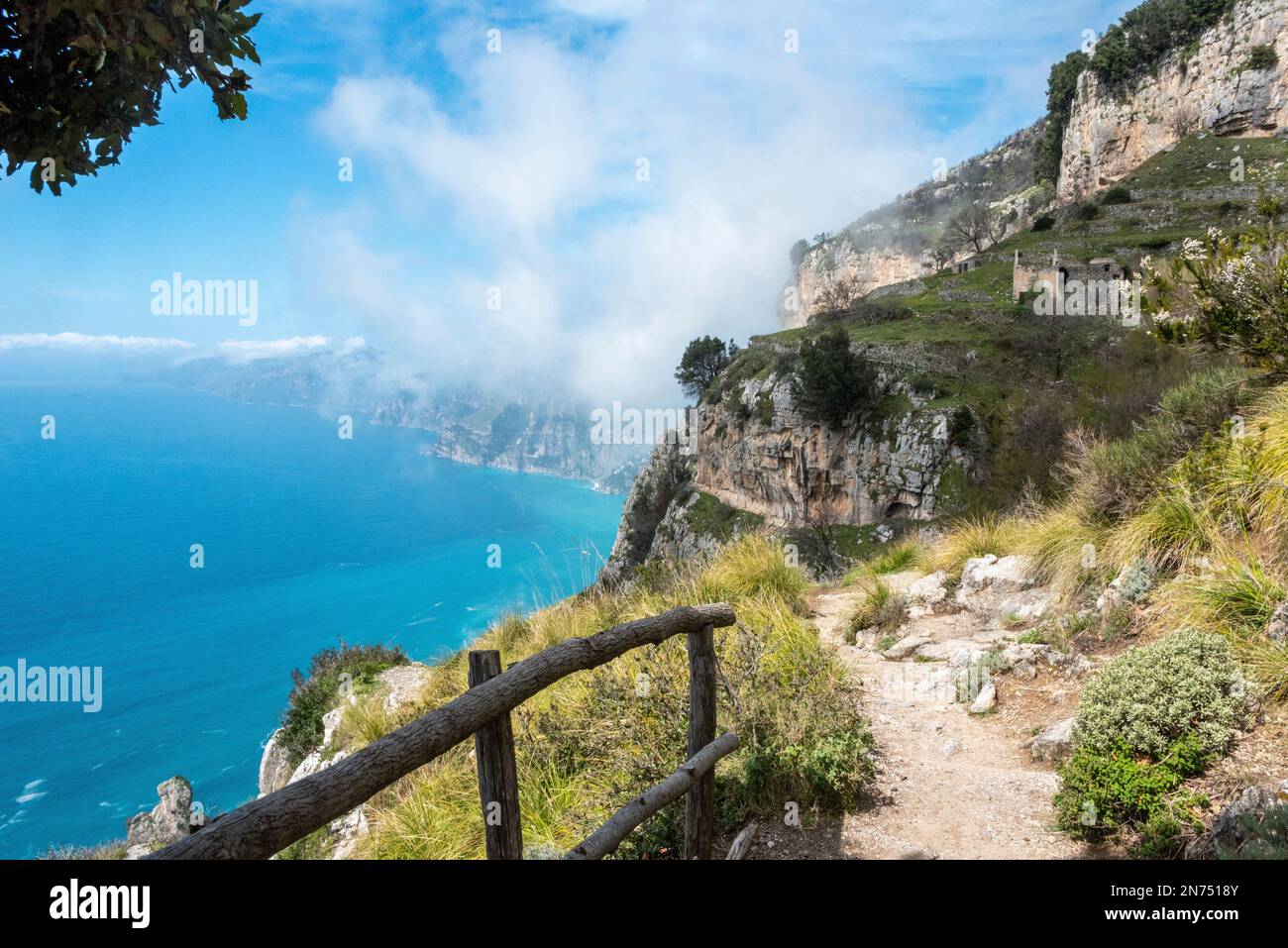 Shoreline of the scenic Amalfi coast from the path of the Gods, Italy ...