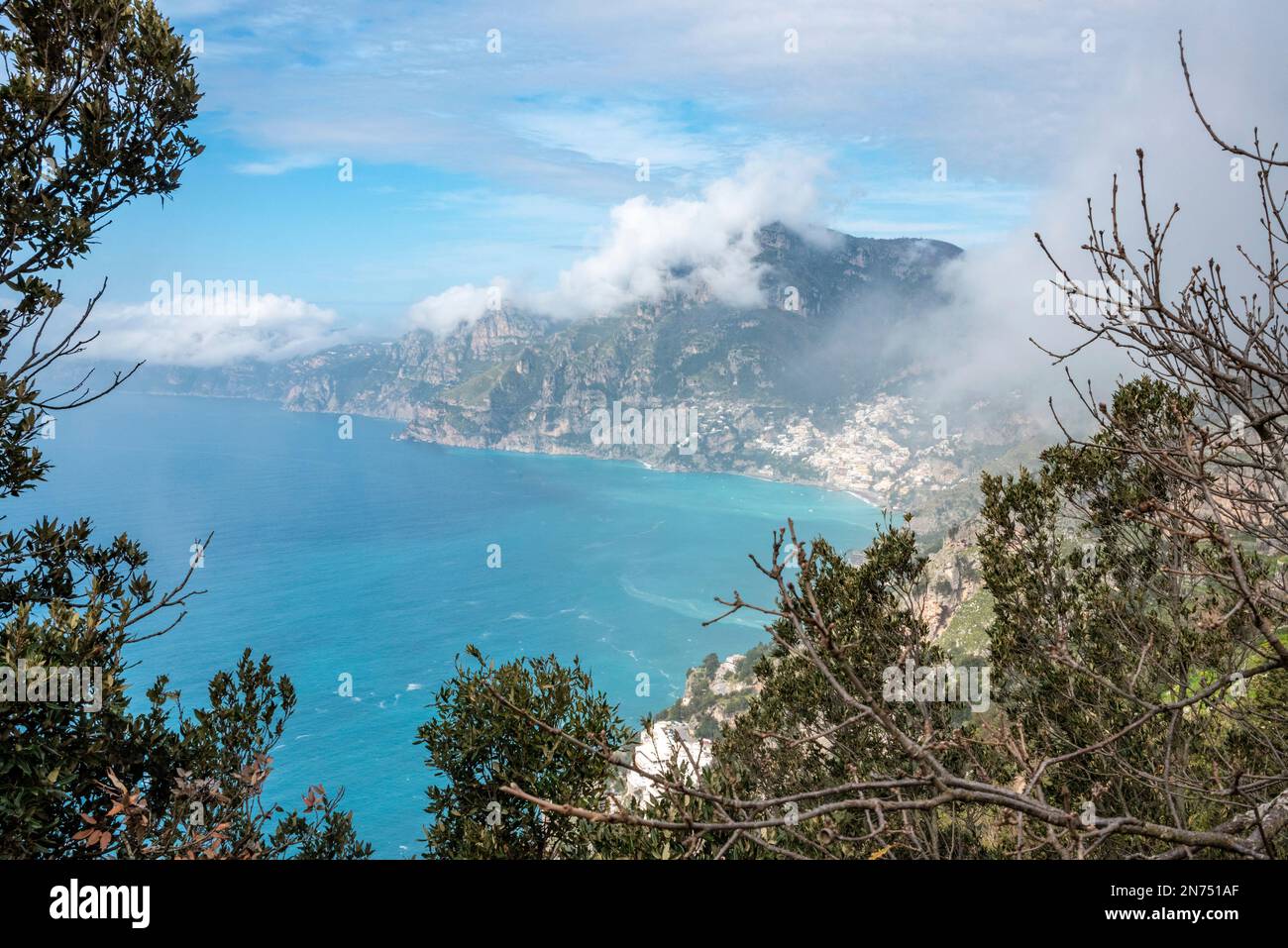 Shoreline of the scenic Amalfi coast from the path of the Gods, Italy ...