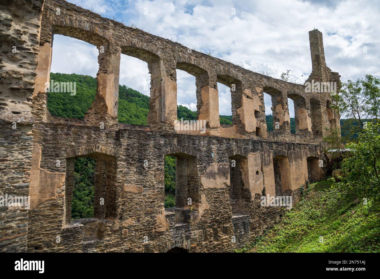 The ruins of Metternich Castle on a hill at Moselle valley in Germany ...