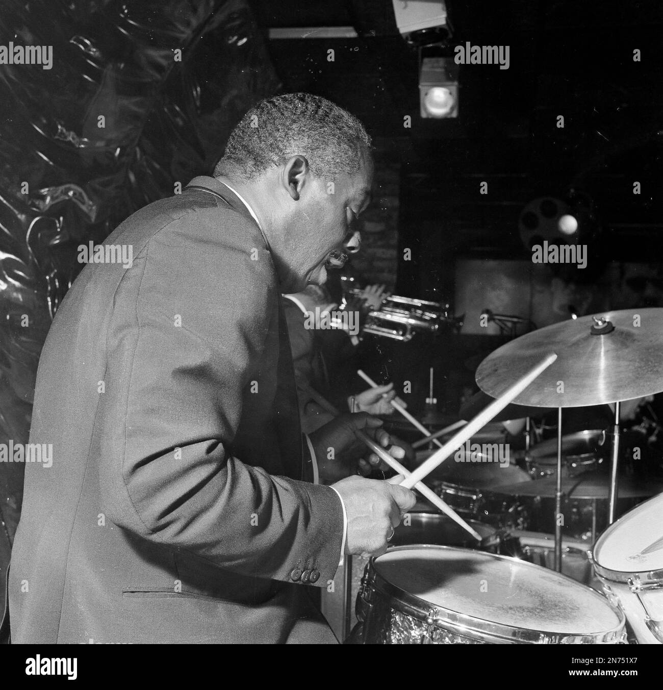 American drummer, Kenny Clarke, plays during a "Live" performance at ...