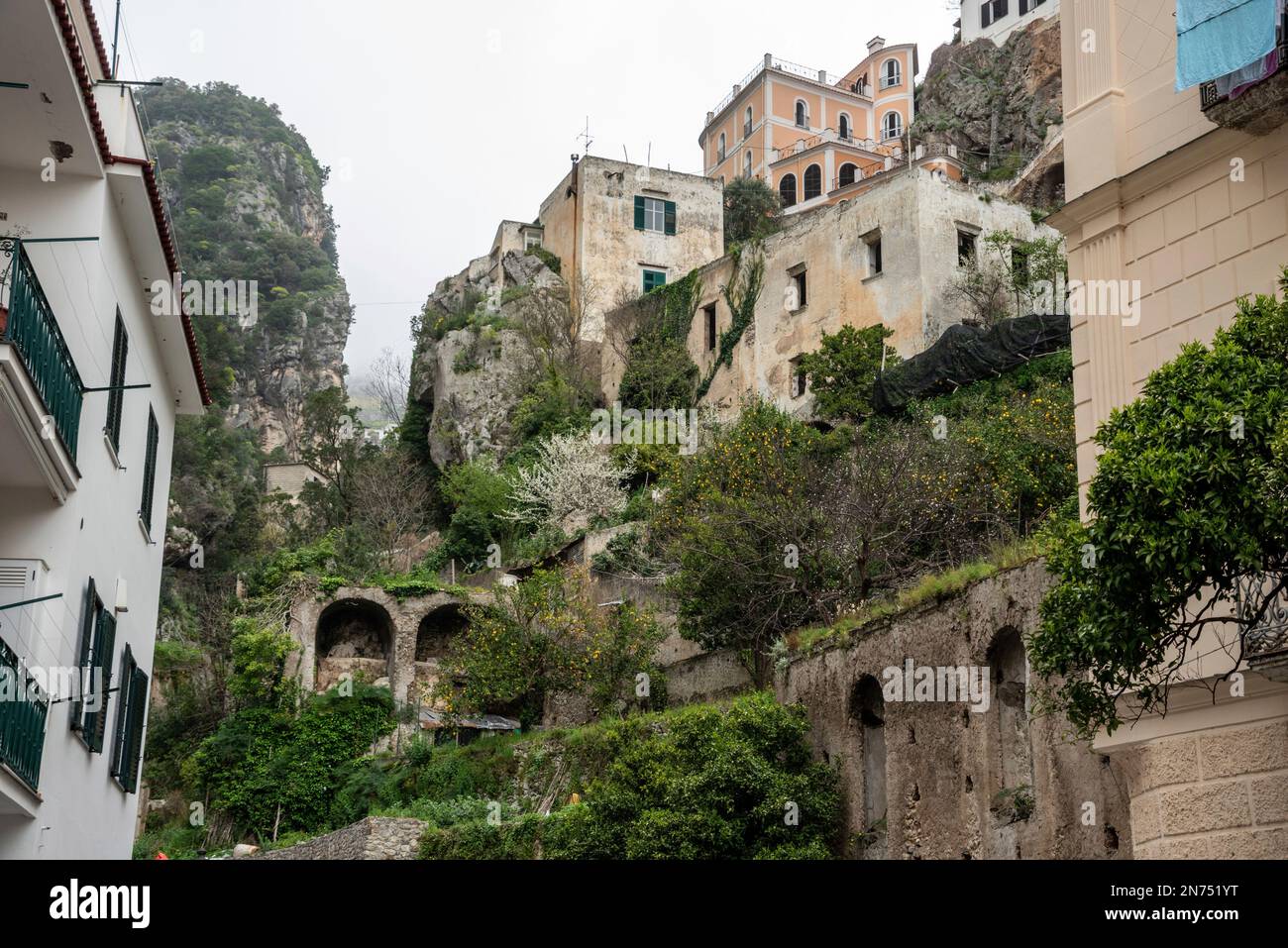 Traditional Italian houses in the town of Atrani at the Amalfi Coast ...