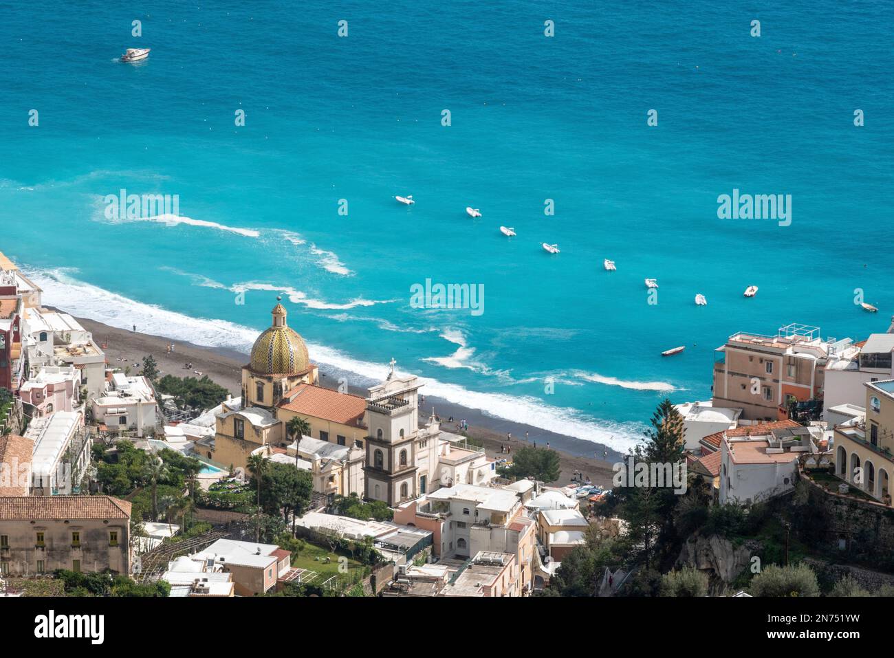 Cityscape of Positano at the Amalfi coast and the church Santa Maria ...