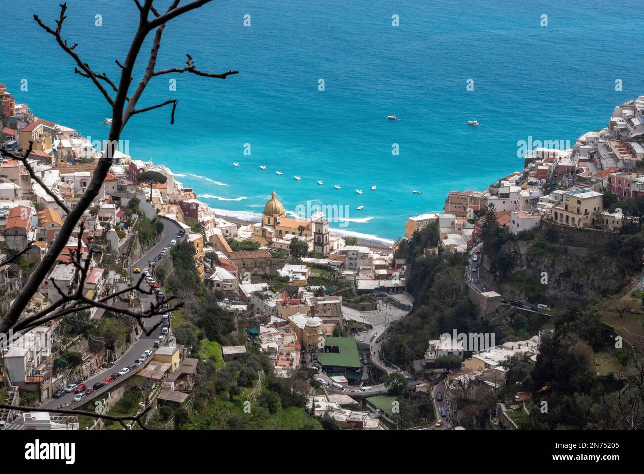 Cityscape of Positano at the Amalfi coast and the church Santa Maria ...