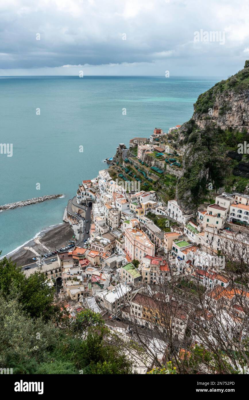 View of the town of Atrani, seen from the road to Ravello, Amalfi coast ...
