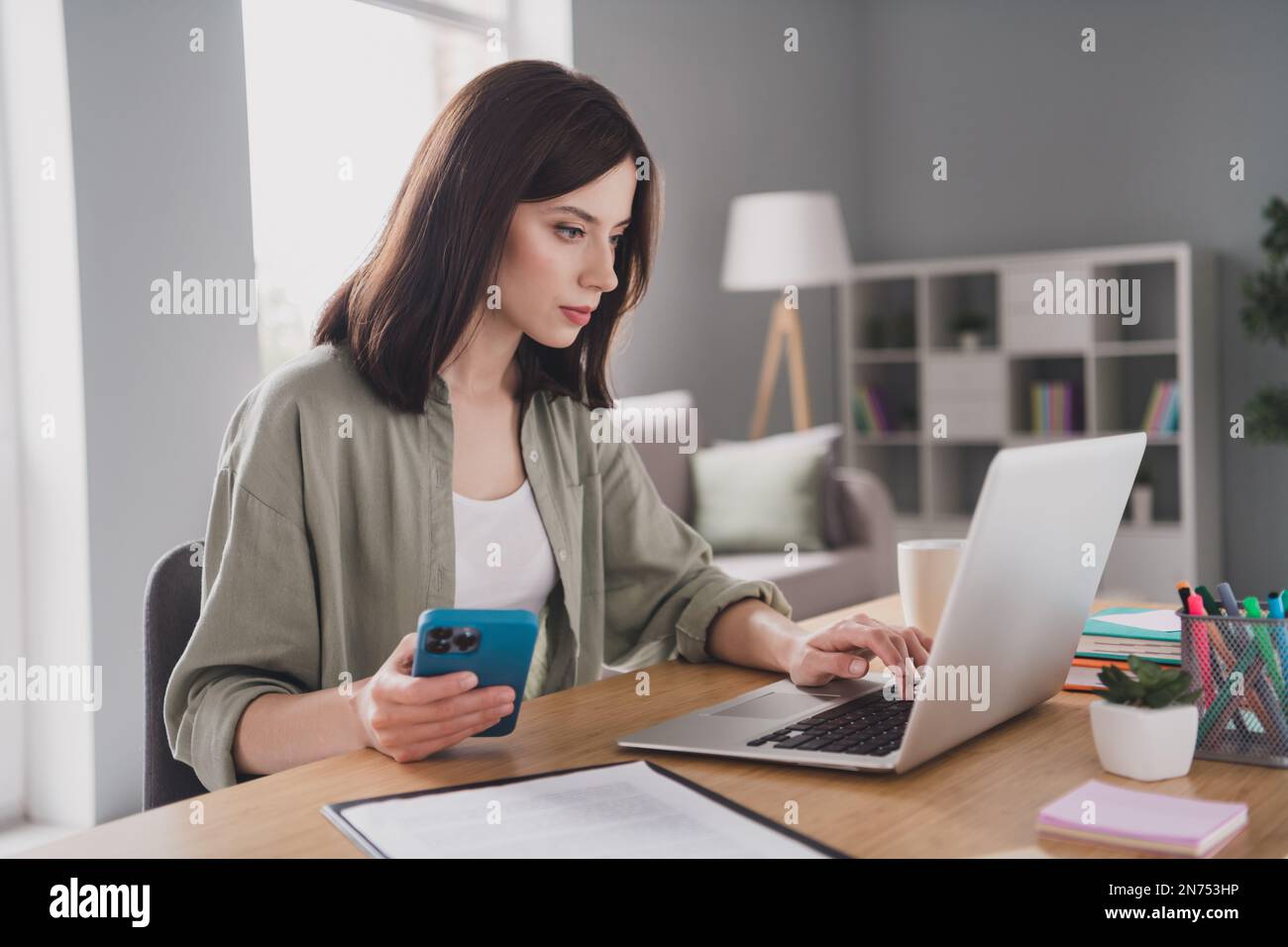 Photo of concentrated focused lady hacker write server program code ...