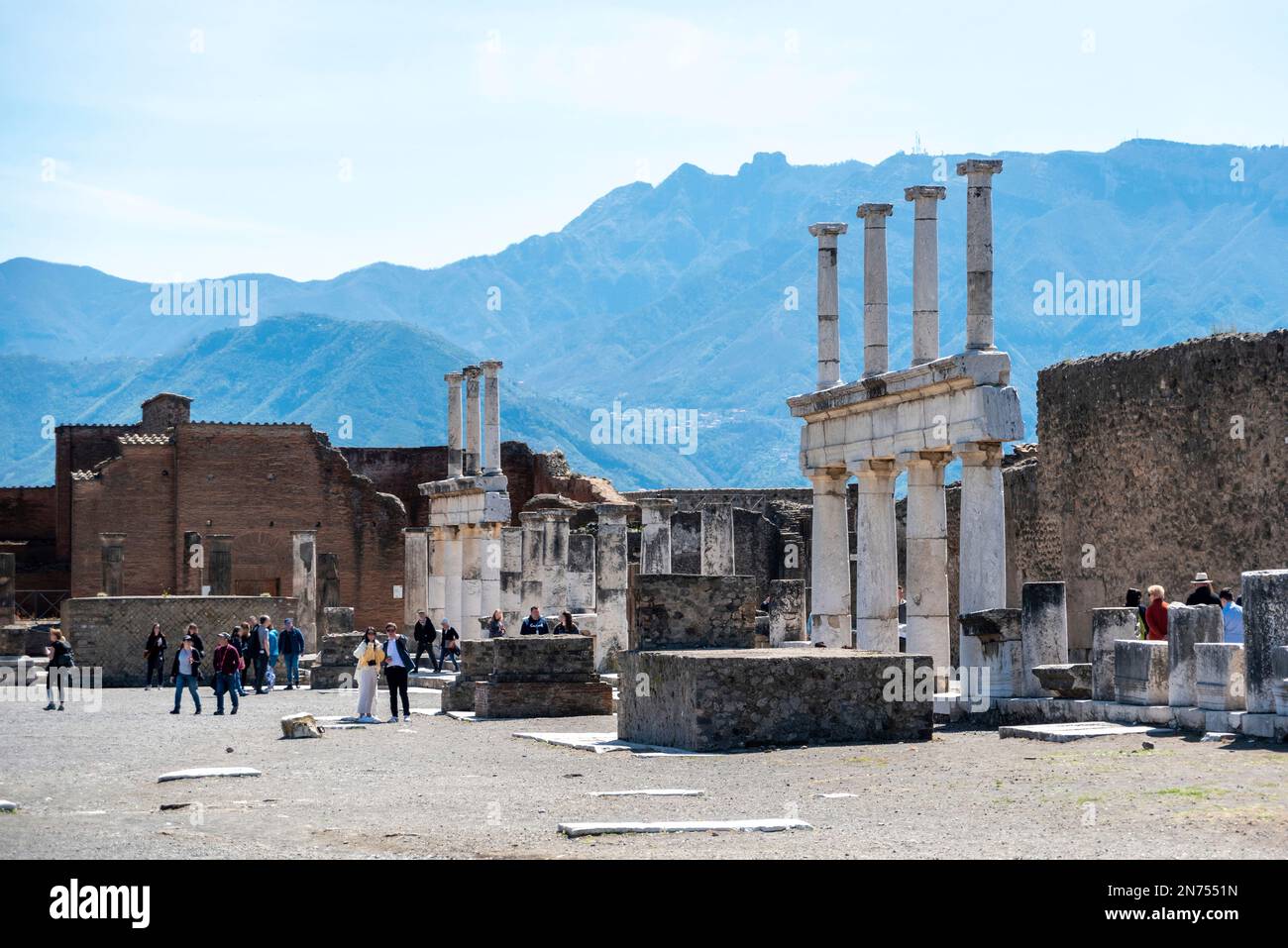 Famous colonnade at the forum of the ancient city of Pompeii, Southern ...