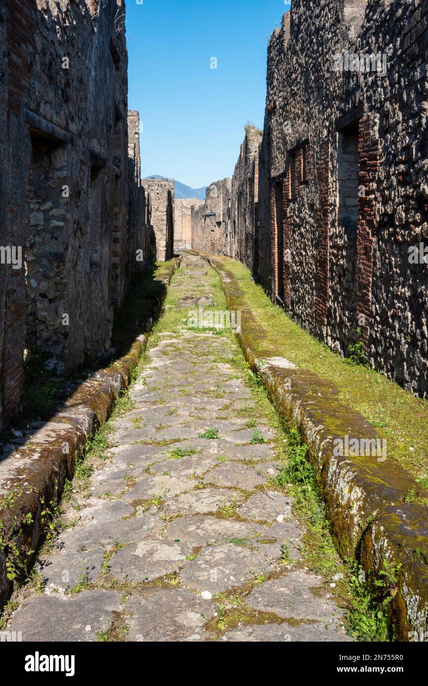 A beautiful typical cobbled street in the ancient city of Pompeii, Southern Italy Stock Photo ...
