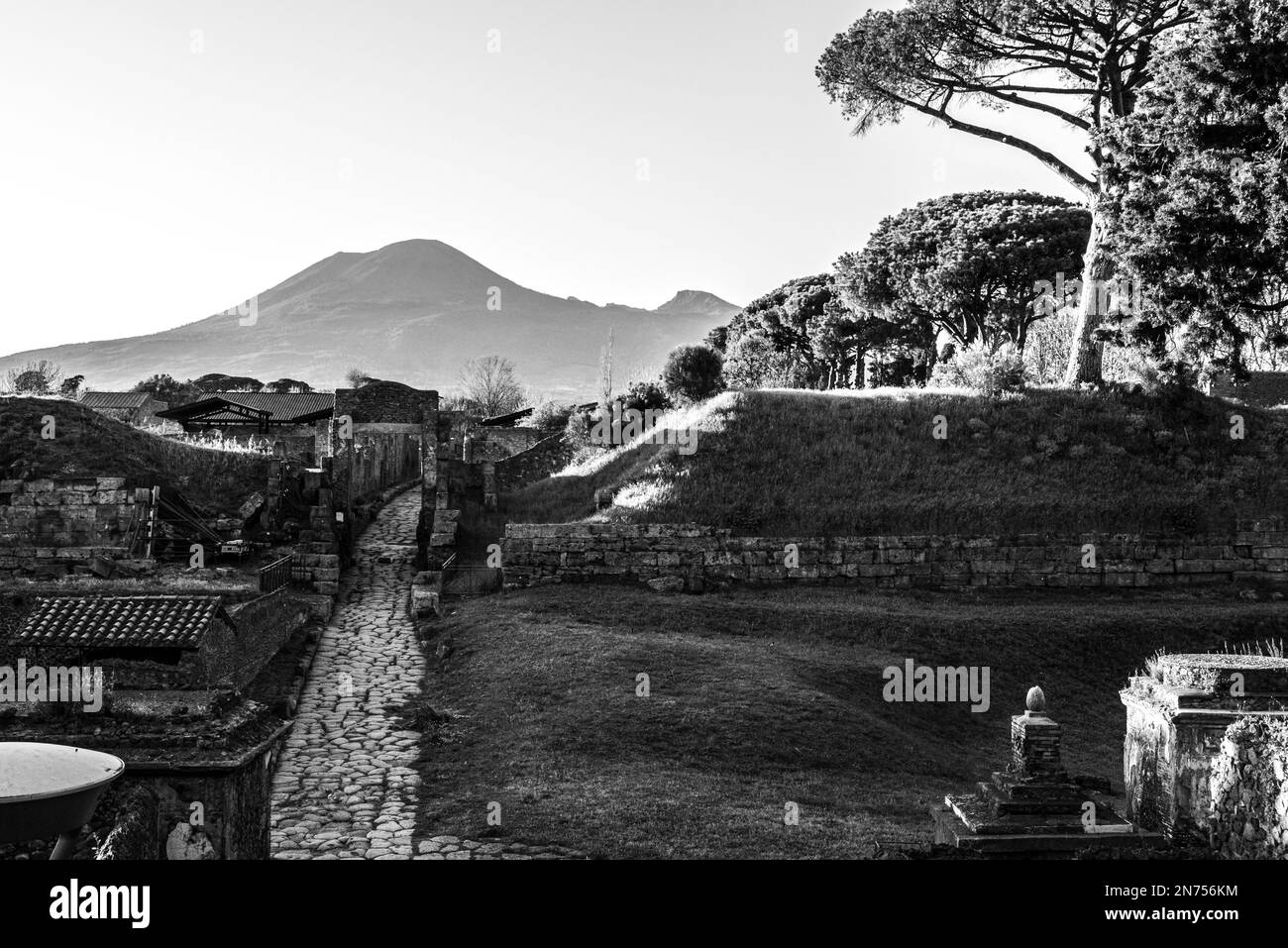 Early morning, a road leading to the ancient city remains of Pompeii ...