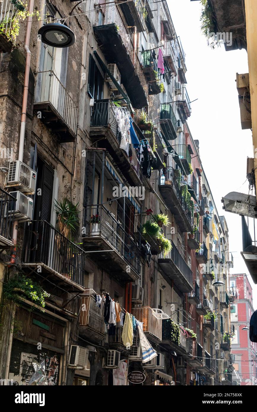 Typical narrow street in Naples' historic spanish quarter, Southern ...