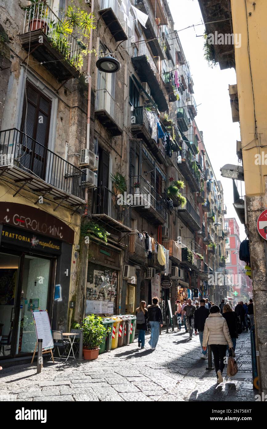 Typical narrow street in Naples' historic spanish quarter, Southern ...