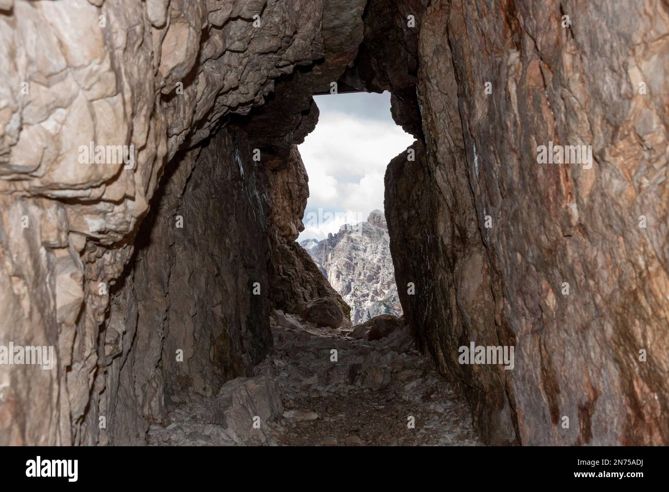 View through an old embrasure in an alpine fortress of the World War I ...